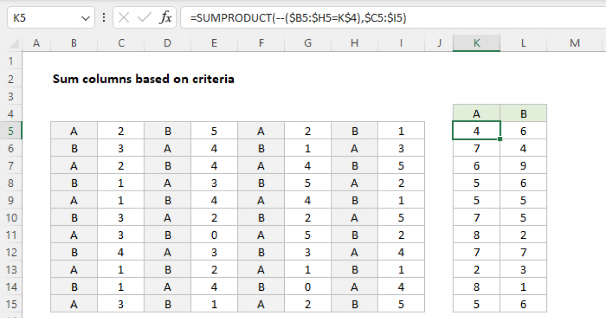 Sum Columns Based On Adjacent Criteria Excel Formula Exceljet